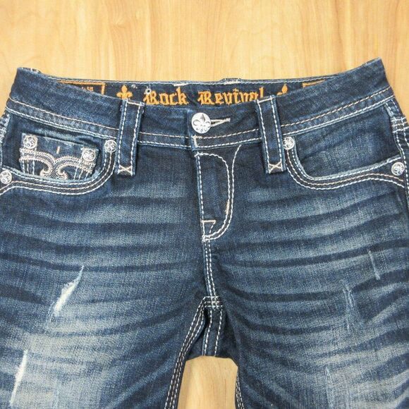 ROCK REVIVAL Drew Bootcut Jeans Size 26--28x34 TALL Embellish Fleur-de ...
